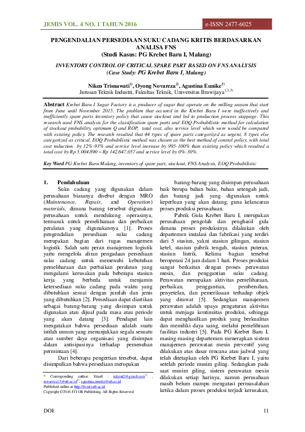 (PDF) PENGENDALIAN PERSEDIAAN SUKU CADANG KRITIS BERDASARKAN ANALISA FNS (Studi Kasus: PG Krebet ...