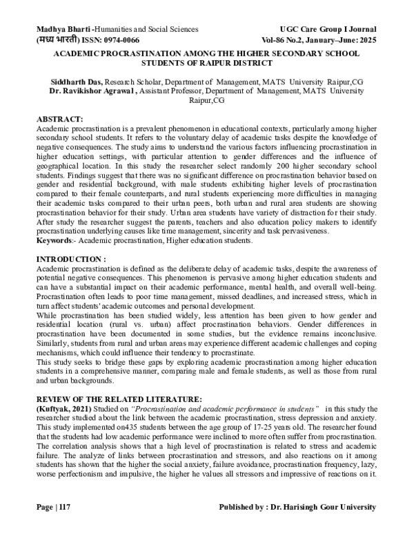 (PDF) ACADEMIC PROCRASTINATION AMONG THE HIGHER SECONDARY SCHOOL STUDENTS OF RAIPUR DISTRICT