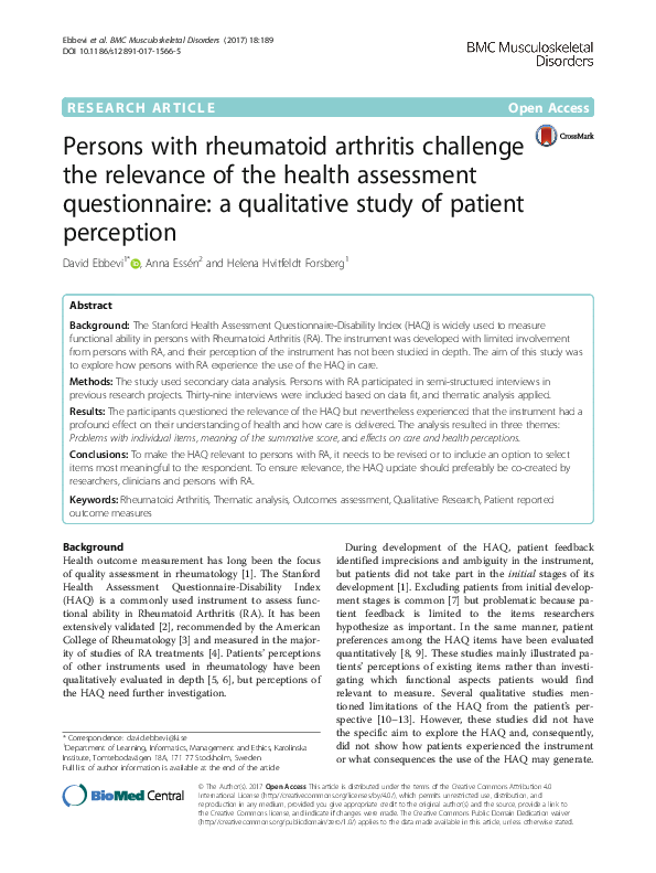(PDF) Persons with Rheumatoid Arthritis Challenge the Relevance of the Health Assessment ...