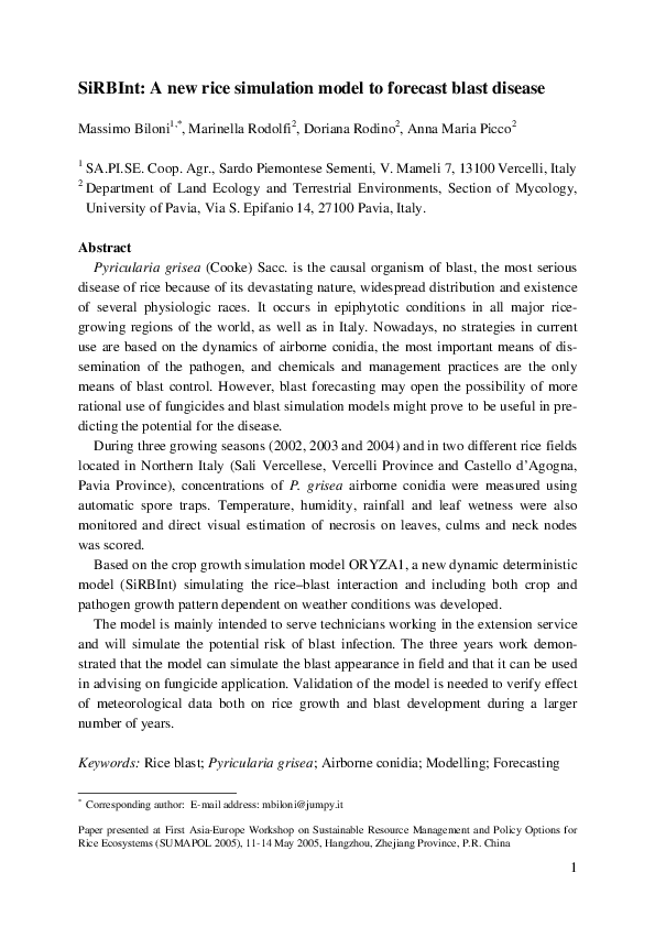 (PDF) SiRBInt: A new rice simulation model to forecast blast disease