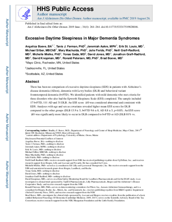 (PDF) Excessive Daytime Sleepiness in Major Dementia Syndromes