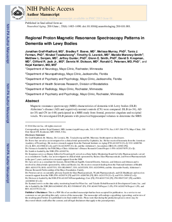 (PDF) Regional proton magnetic resonance spectroscopy patterns in dementia with Lewy bodies