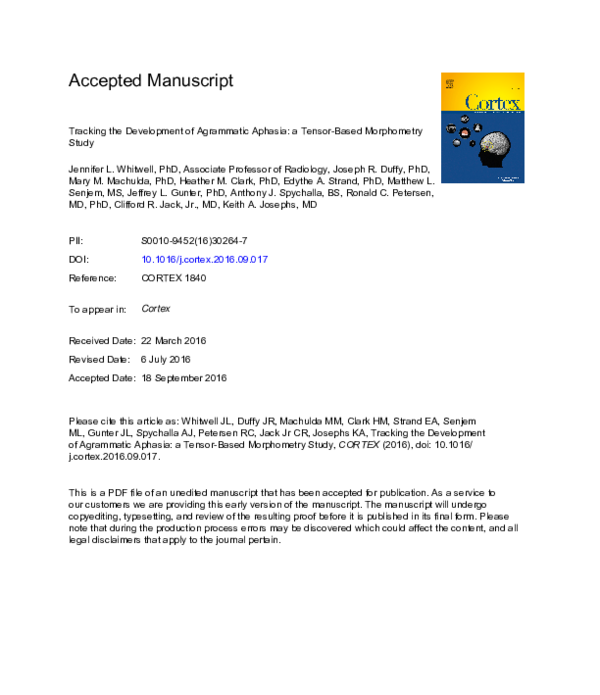 (PDF) Tracking the development of agrammatic aphasia: A tensor-based morphometry study