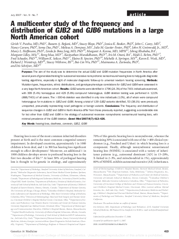 (PDF) A multicenter study of the frequency and distribution of GJB2 and ...