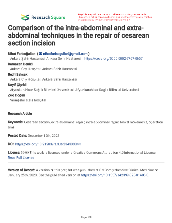 (PDF) Comparison of the Intra-abdominal and Extra-abdominal Techniques in the Repair of Cesarean ...