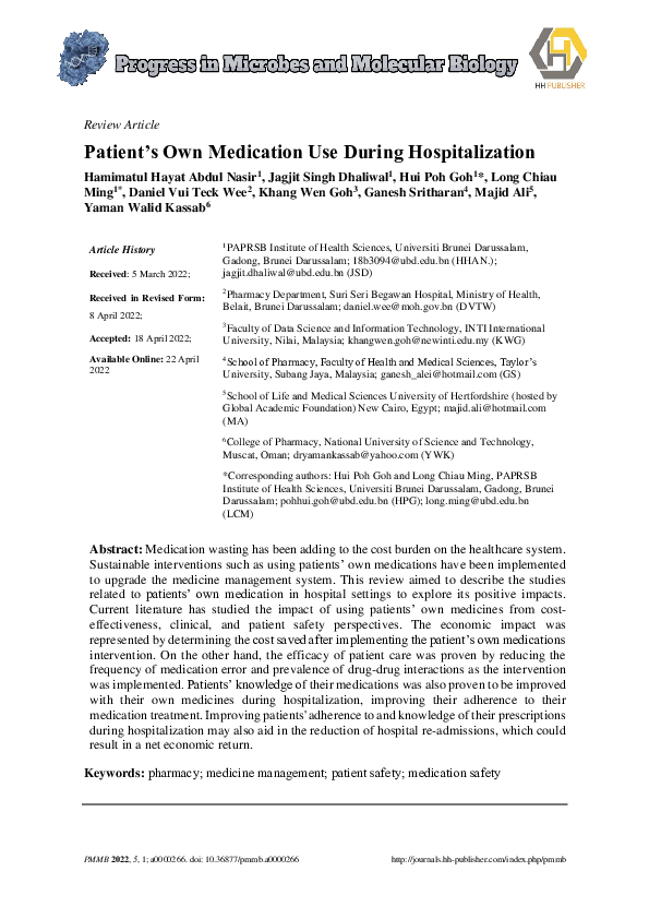 (PDF) Patient’s Own Medication Use During Hospitalization