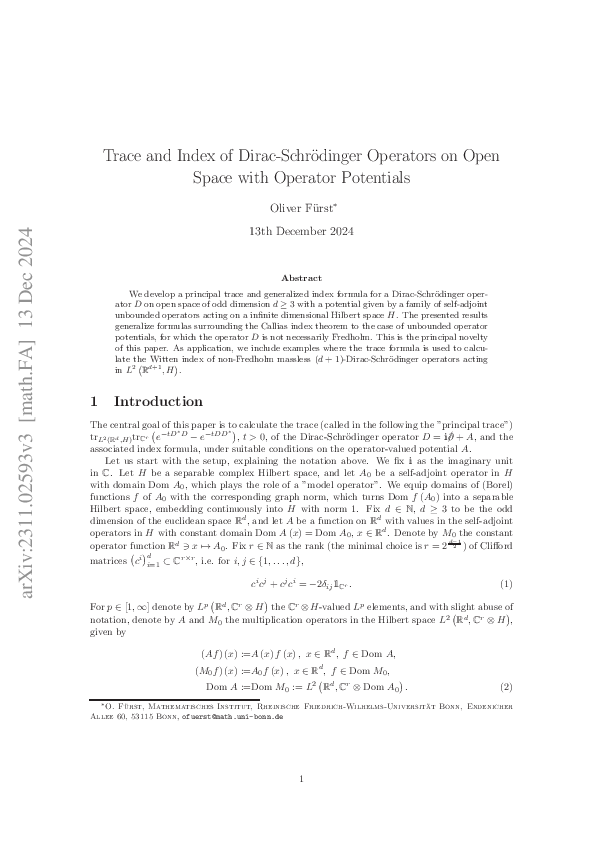 (PDF) Trace and Index of Dirac-Schr\"odinger Operators on Open Space with Operator Potentials