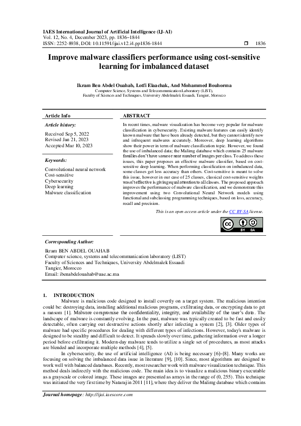 (PDF) Improve malware classifiers performance using cost-sensitive learning for imbalanced dataset