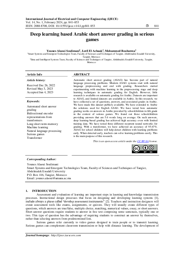 (PDF) Deep learning based Arabic short answer grading in serious games