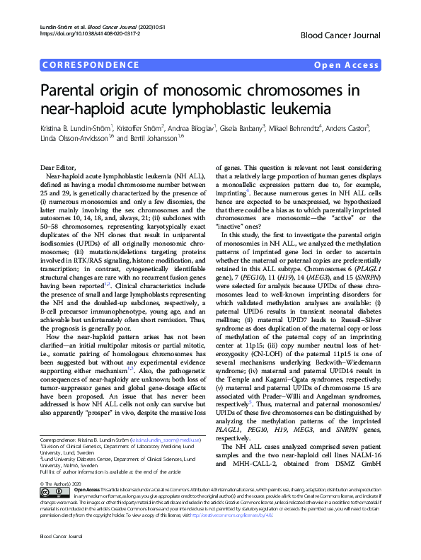 (PDF) Parental origin of monosomic chromosomes in near-haploid acute ...