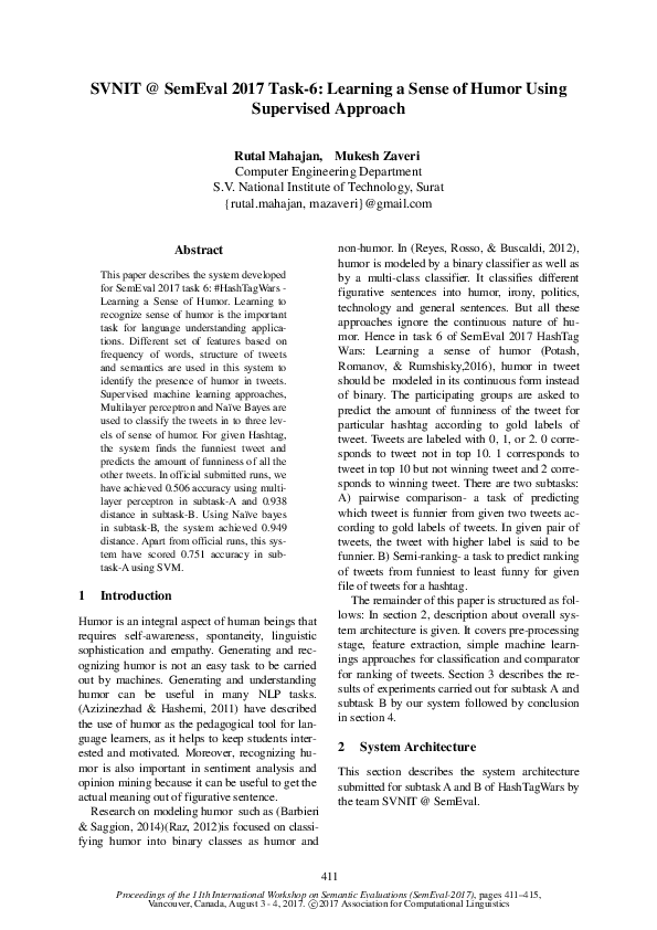 (PDF) SVNIT $@$ SemEval 2017 Task-6: Learning a Sense of Humor Using Supervised Approach