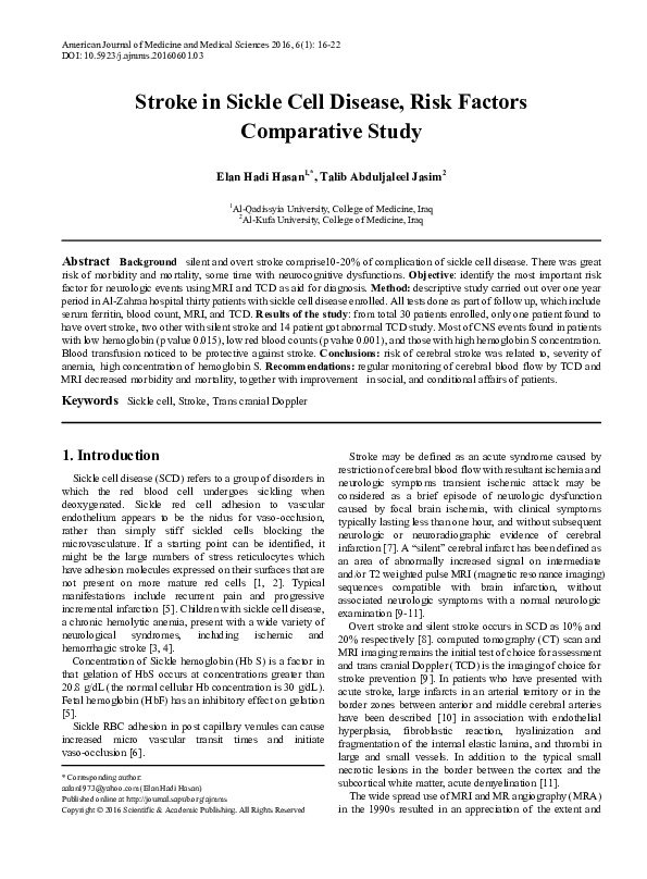 (PDF) Stroke in Sickle Cell Disease, Risk Factors Comparative Study