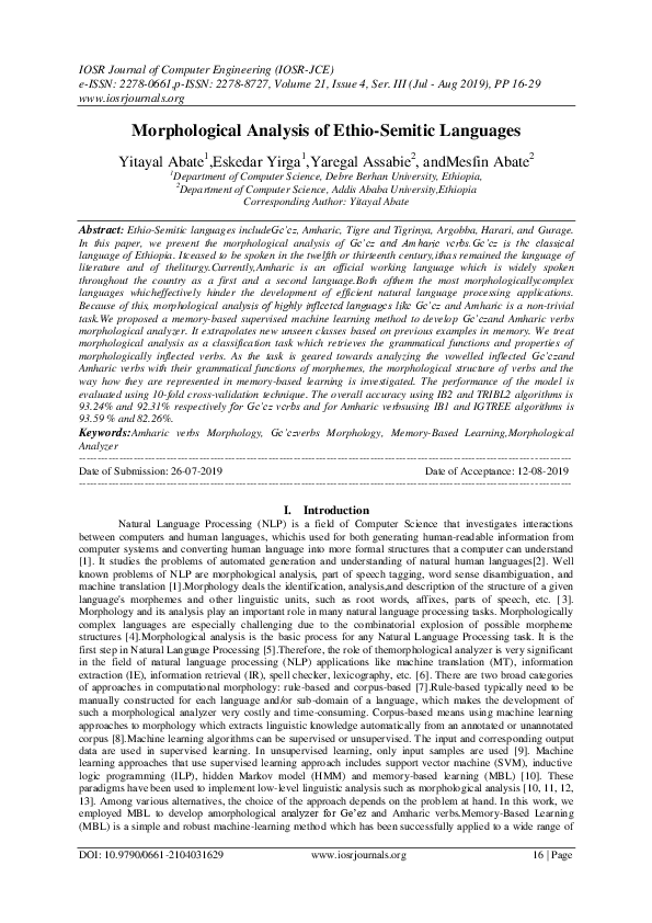 (PDF) Morphological Analysis of Ethio-Semitic Languages