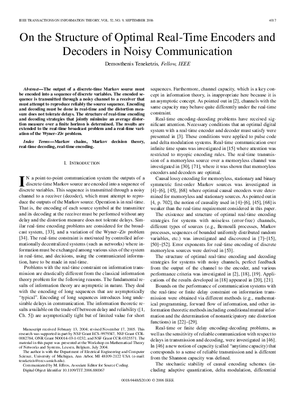 (PDF) On the Structure of Optimal Real-Time Encoders and Decoders in Noisy Communication
