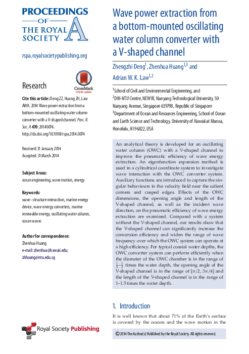(PDF) Wave power extraction from a bottom-mounted oscillating water column converter with a V ...