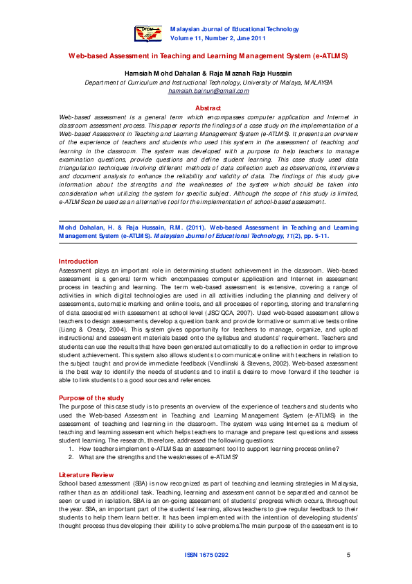 (PDF) Web-based Assessment in Teaching and Learning Management System (e-ATLMS)