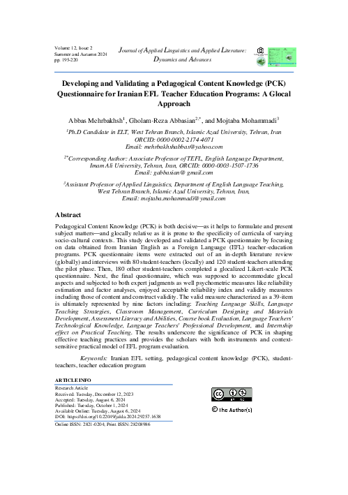(PDF) Developing and Validating a Pedagogical Content Knowledge (PCK) Questionnaire for Iranian ...