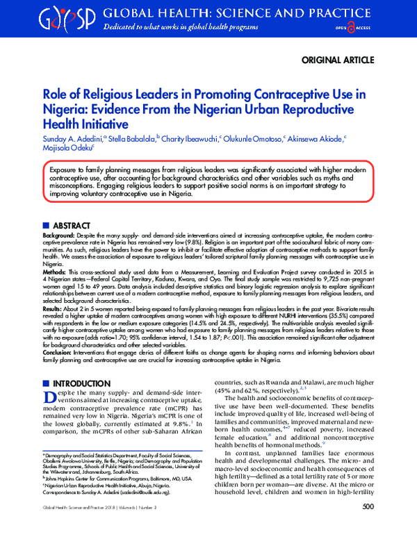 (PDF) Role of Religious Leaders in Promoting Contraceptive Use in Nigeria: Evidence From the ...