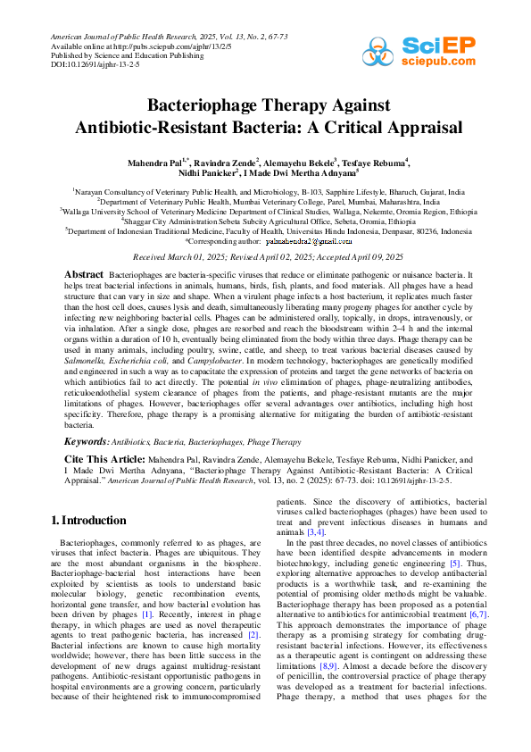 (PDF) Bacteriophage Therapy Against Antibiotic-Resistant Bacteria: A Critical Appraisal