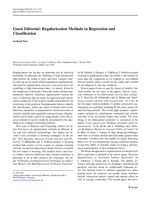 (PDF) Guest Editorial: Regularisation Methods in Regression and Classification