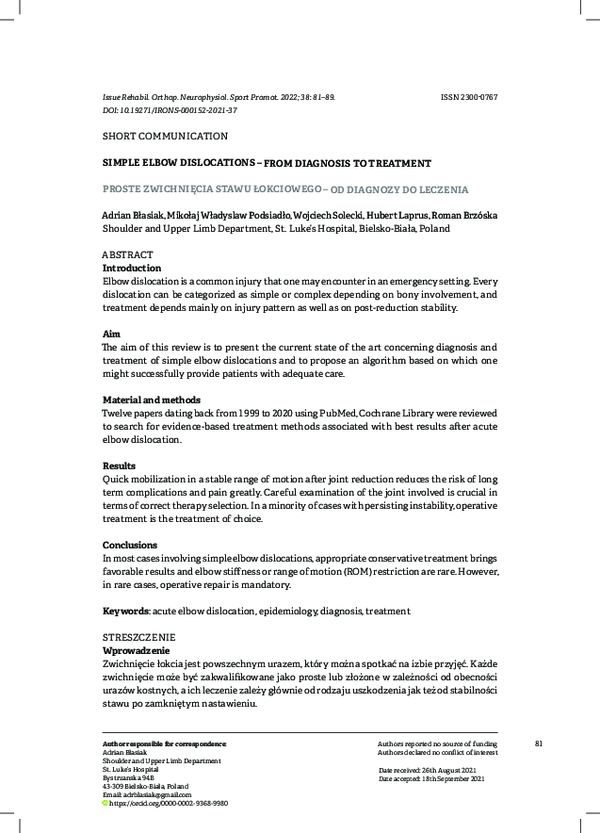 (PDF) Simple Elbow Dislocations – from Diagnosis to Treatment