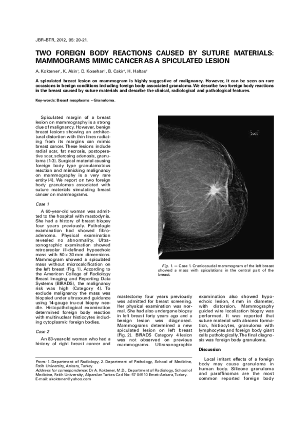 (PDF) Two foreign body reactions caused by suture materials: mammograms ...