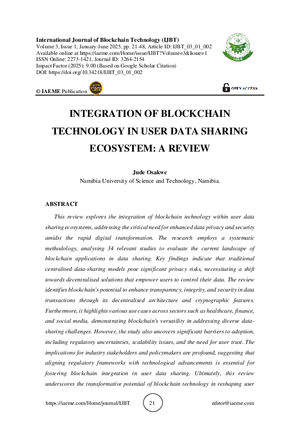 (PDF) INTEGRATION OF BLOCKCHAIN TECHNOLOGY IN USER DATA SHARING ECOSYSTEM: A REVIEW