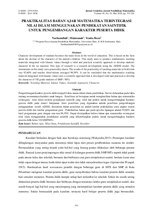 (PDF) Praktikalitas bahan ajar matematika terintegrasi nilai islam menggunakan pendekatan ...
