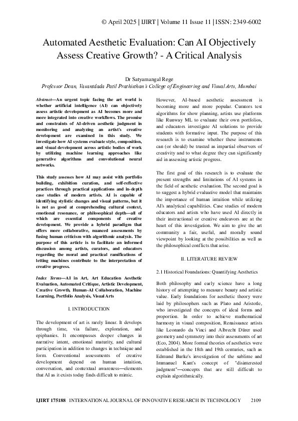 (PDF) Automated Aesthetic Evaluation: Can AI Objectively Assess Creative Growth? -A Critical ...