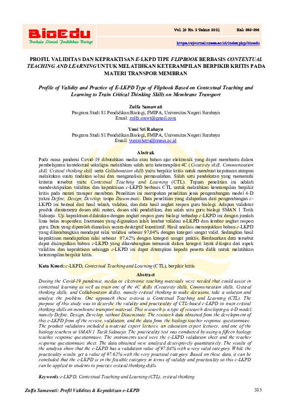 (PDF) Profil Validitas dan Kepraktisan E-LKPD Tipe Flipbook berbasis Contextual Teaching and ...