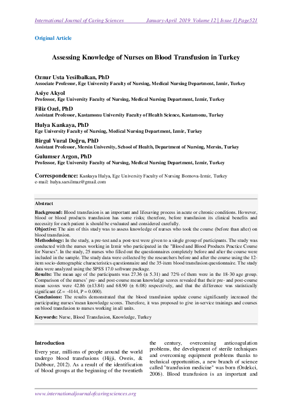 (PDF) Assessing Knowledge of Nurses on Blood Transfusion in Turkey