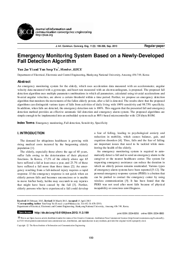 (PDF) Emergency Monitoring System Based on a Newly-Developed Fall Detection Algorithm