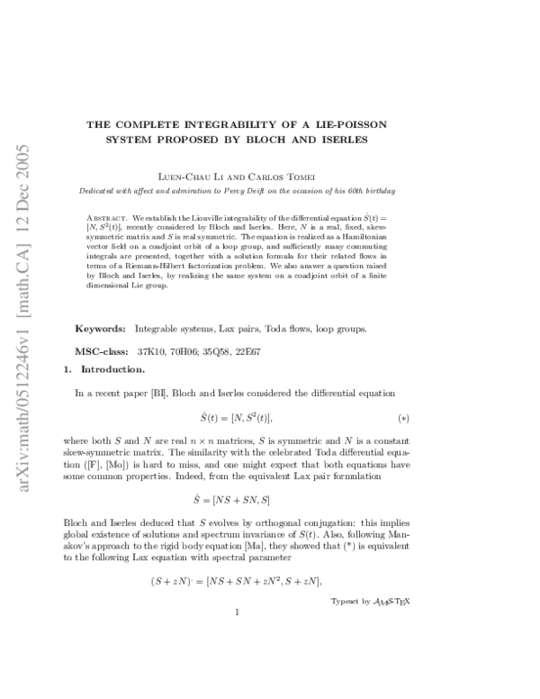 (PDF) The complete integrability of a Lie-Poisson system proposed by Bloch and Iserles