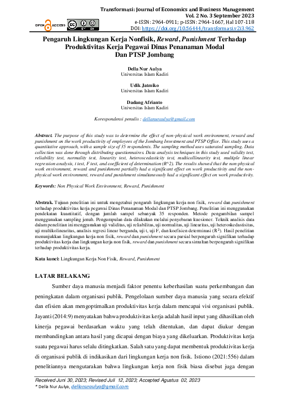 (PDF) Pengaruh Lingkungan Kerja Nonfisik, Reward, Punishment Terhadap Produktivitas Kerja ...