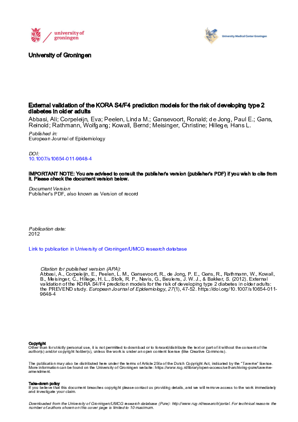 (PDF) External validation of the KORA S4/F4 prediction models for the risk of developing type 2 ...