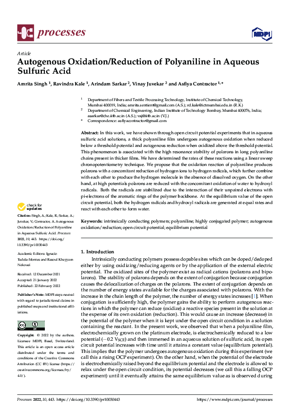 (PDF) Autogenous Oxidation/Reduction of Polyaniline in Aqueous Sulfuric ...