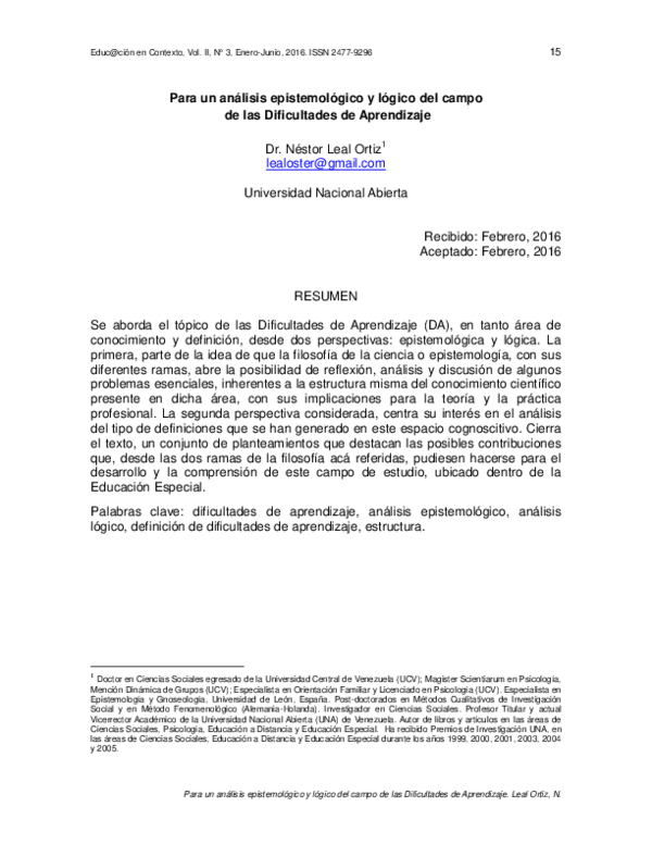 (PDF) Para un análisis epistemológico y lógico del campo de las Dificultades de Aprendizaje