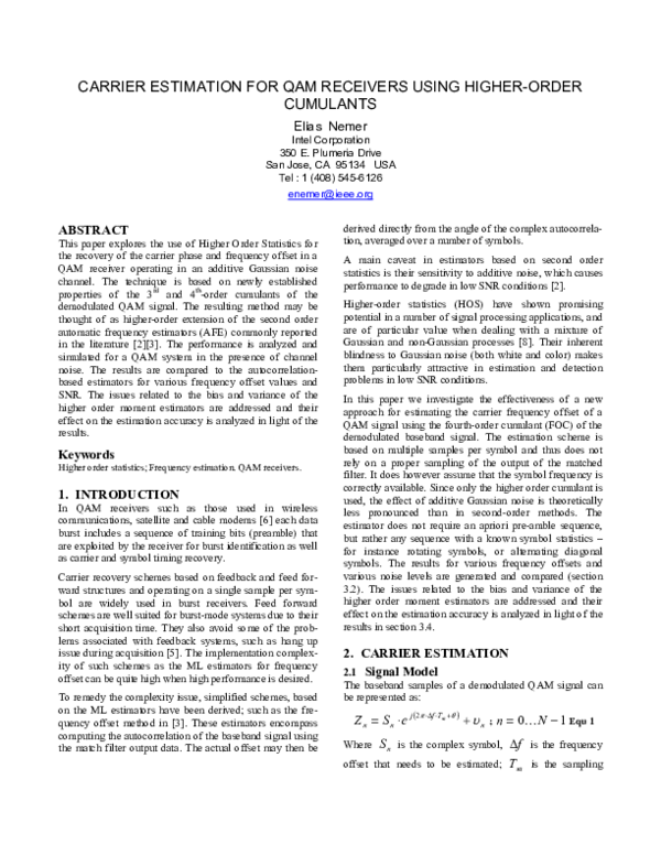 (PDF) Carrier Estimation for Qam Receivers Using Higher-Order Cumulants