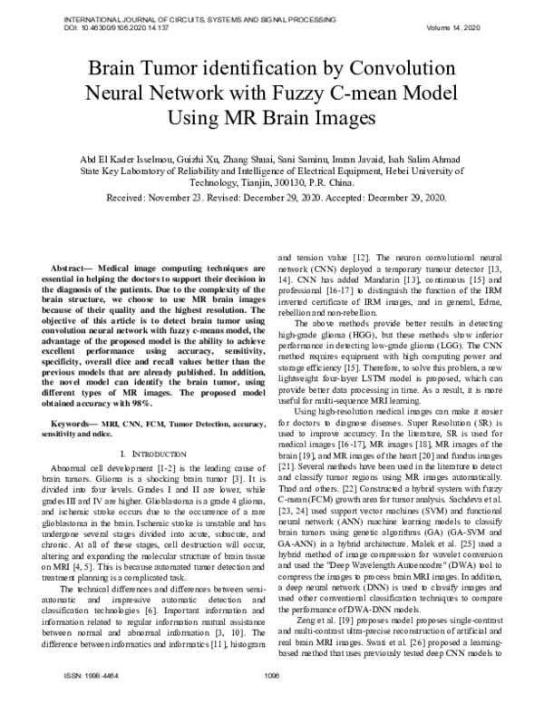 (PDF) Brain Tumor identification by Convolution Neural Network with Fuzzy C-mean Model Using MR ...