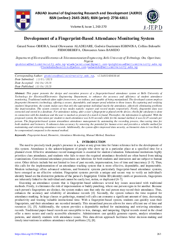 Pdf Development Of A Fingerprint Based Attendance Monitoring System