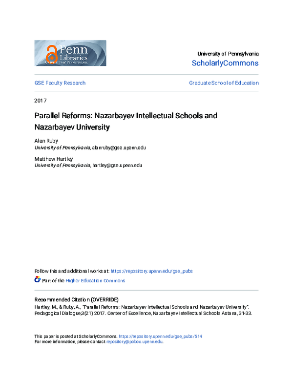 (PDF) Parallel Reforms: Nazarbayev Intellectual Schools and Nazarbayev University