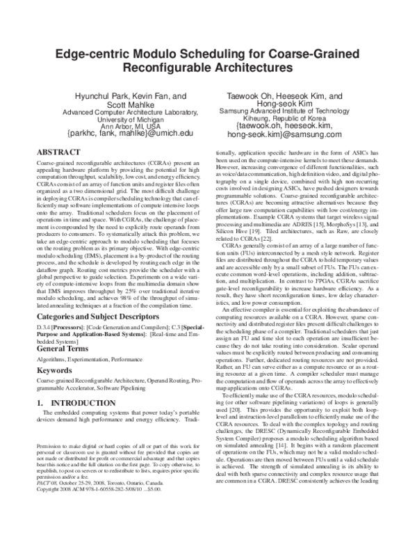 Pdf Edge Centric Modulo Scheduling For Coarse Grained Reconfigurable Architectures