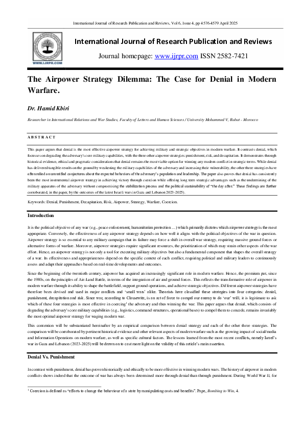 (PDF) The Airpower Strategy Dilemma: The Case for Denial in Modern Warfare
