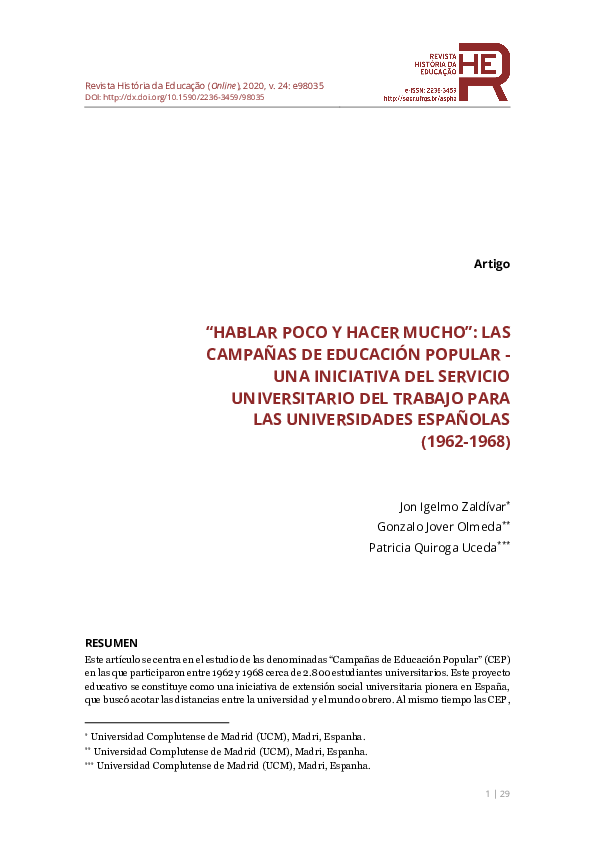 (PDF) “Hablar Poco y Hacer Mucho”: Las Campañas De Educación Popular ...