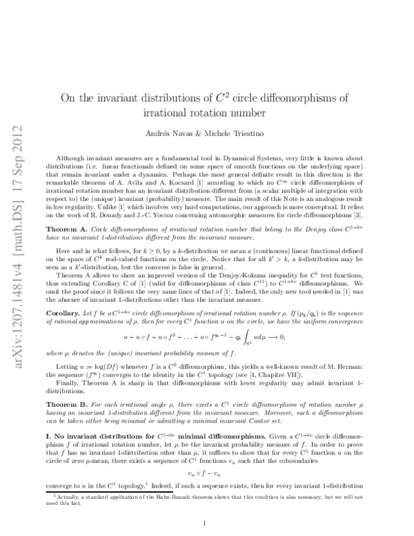 (PDF) On the invariant distributions of C^2 circle diffeomorphisms of ...