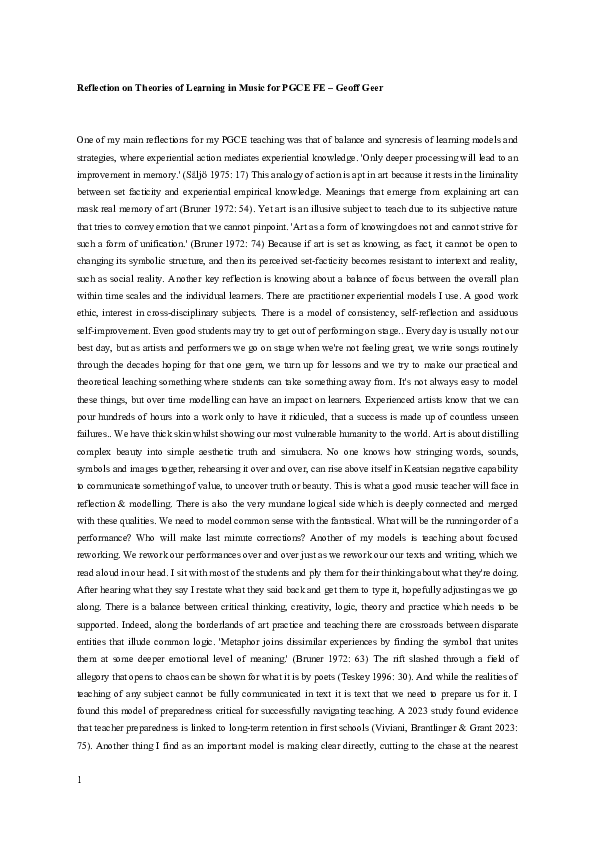 (PDF) Reflection on Theories of Learning in Music for PGCE FE
