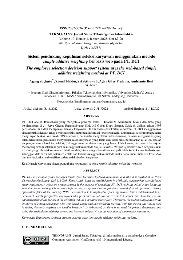 (PDF) Sistem pendukung keputusan seleksi karyawan menggunakan metode simple additive weighting ...