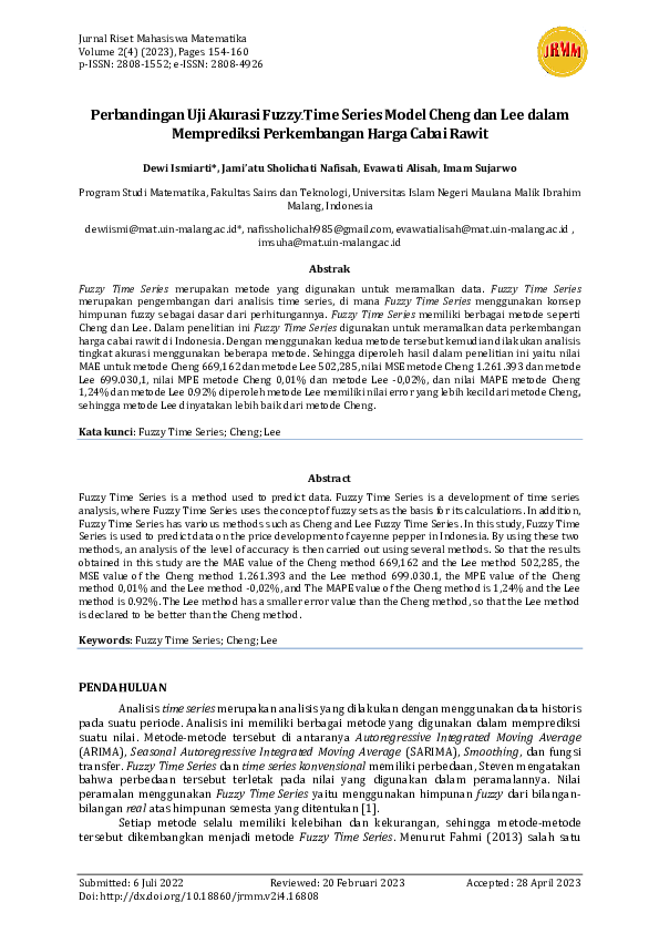 (PDF) Perbandingan Uji Akurasi Fuzzy Time Series Model Cheng Dan Lee ...