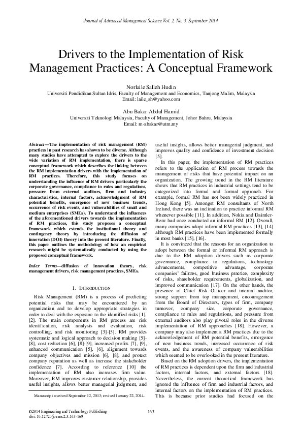 (PDF) Drivers to the Implementation of Risk Management Practices: A Conceptual Framework
