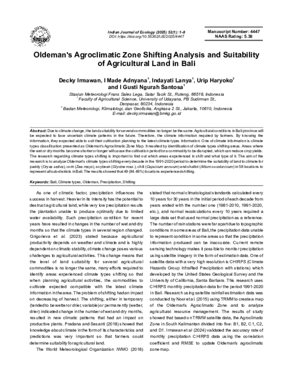 (PDF) Oldeman's Agroclimatic Zone Shifting Analysis and Suitability of ...